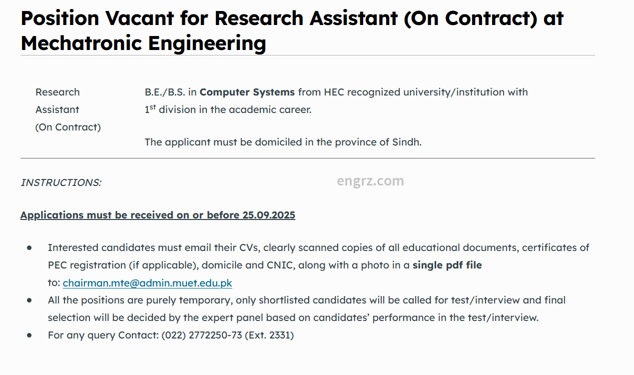 Position Vacant for Research Assistant (On Contract) at Mechatronic ...